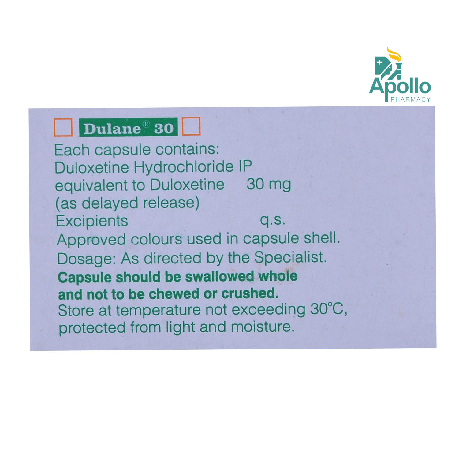 Dulane 30 Capsule 10's Price, Uses, Side Effects, Composition - Apollo ...