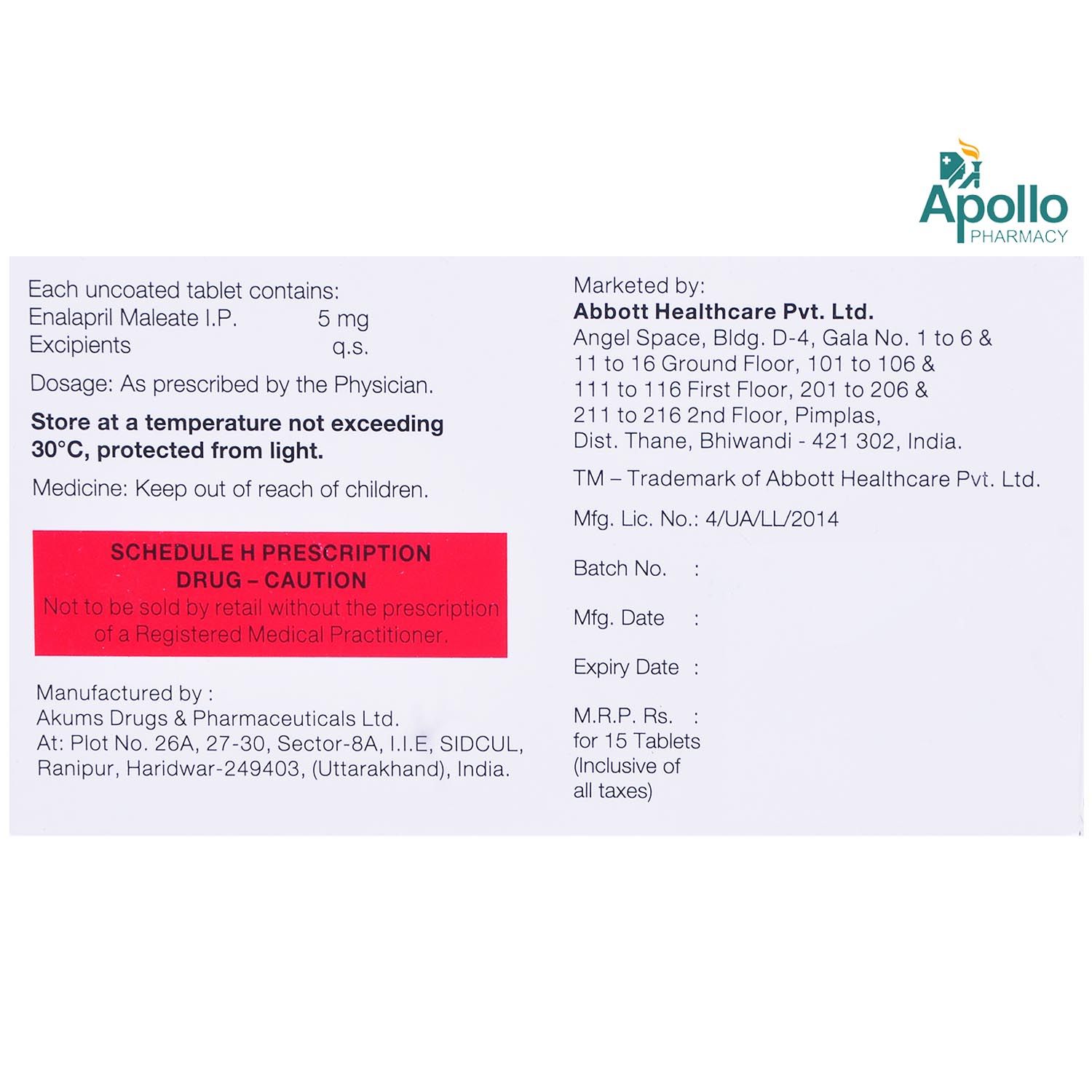 Enace 5 Tablet 15's Price, Uses, Side Effects, Composition - Apollo ...