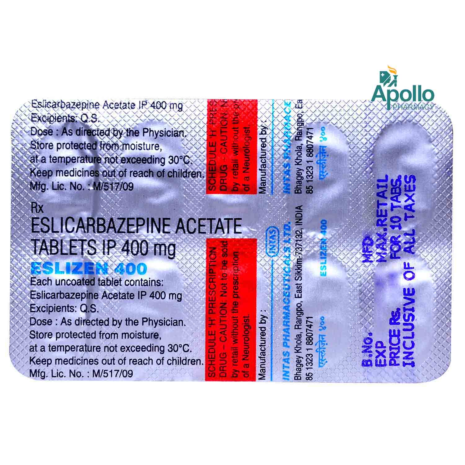 Eslizen 400 Tablet 10's Price, Uses, Side Effects, Composition - Apollo ...