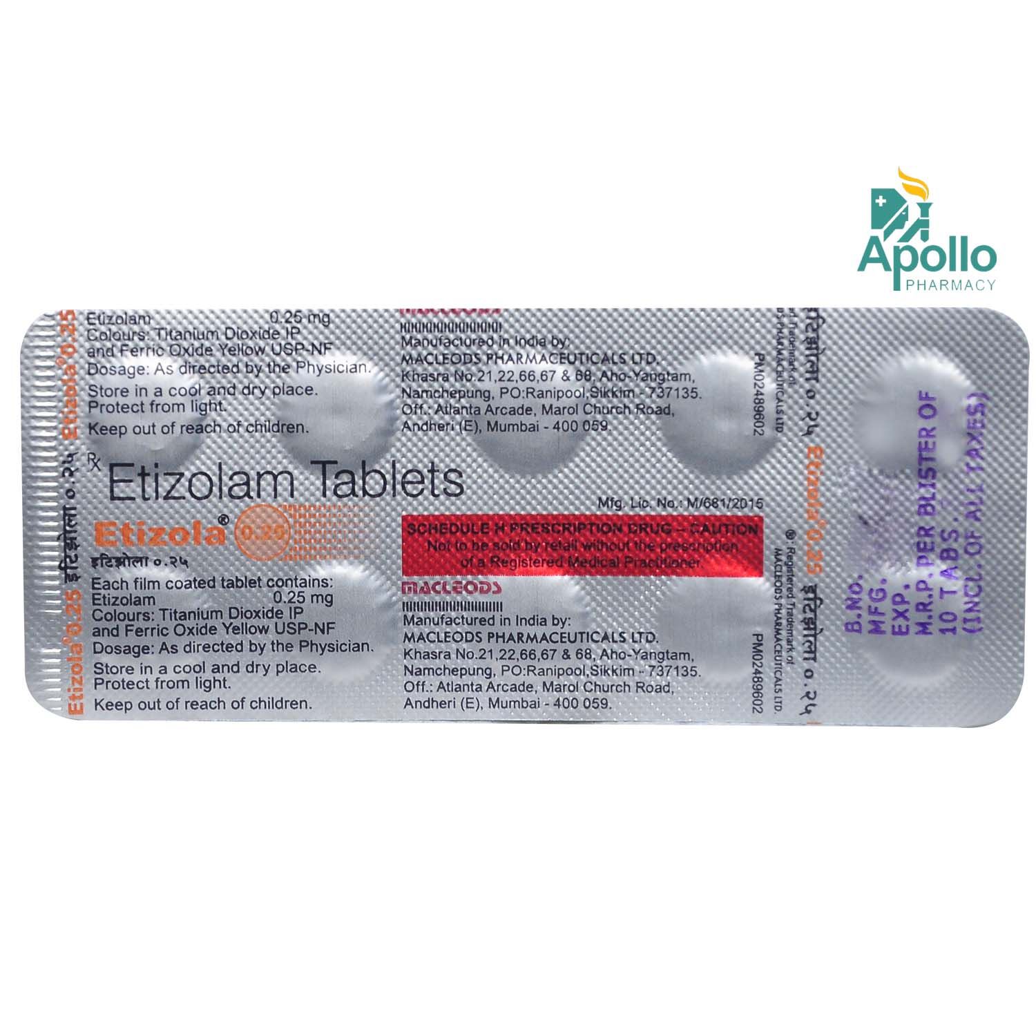 Etizola 0.25 Tablet 10's Price, Uses, Side Effects, Composition ...
