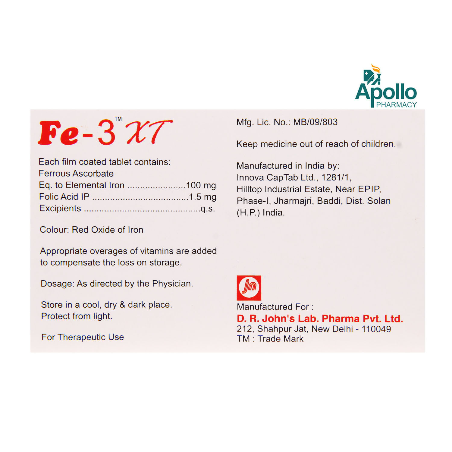 Fe3 XT Tablet 10's Price, Uses, Side Effects, Composition - Apollo Pharmacy