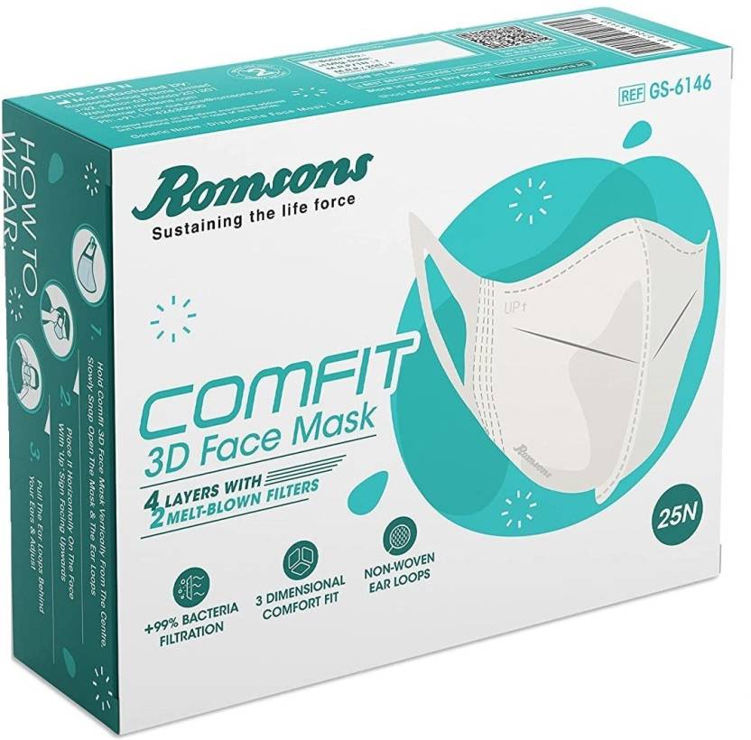 Romsons Comfit 3D 4 Layer Face Mask, 25 Count Price, Uses, Side Effects ...