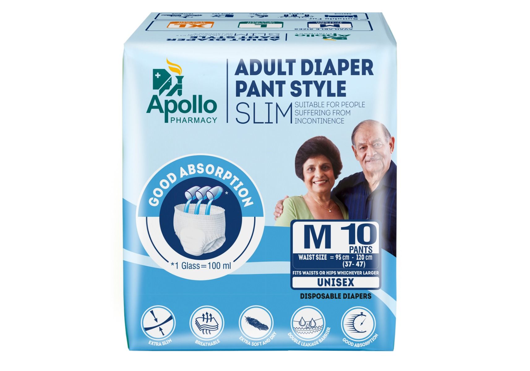 Apollo Pharmacy Adult Diaper Pant Style Slim Medium, 10 Count Price ...