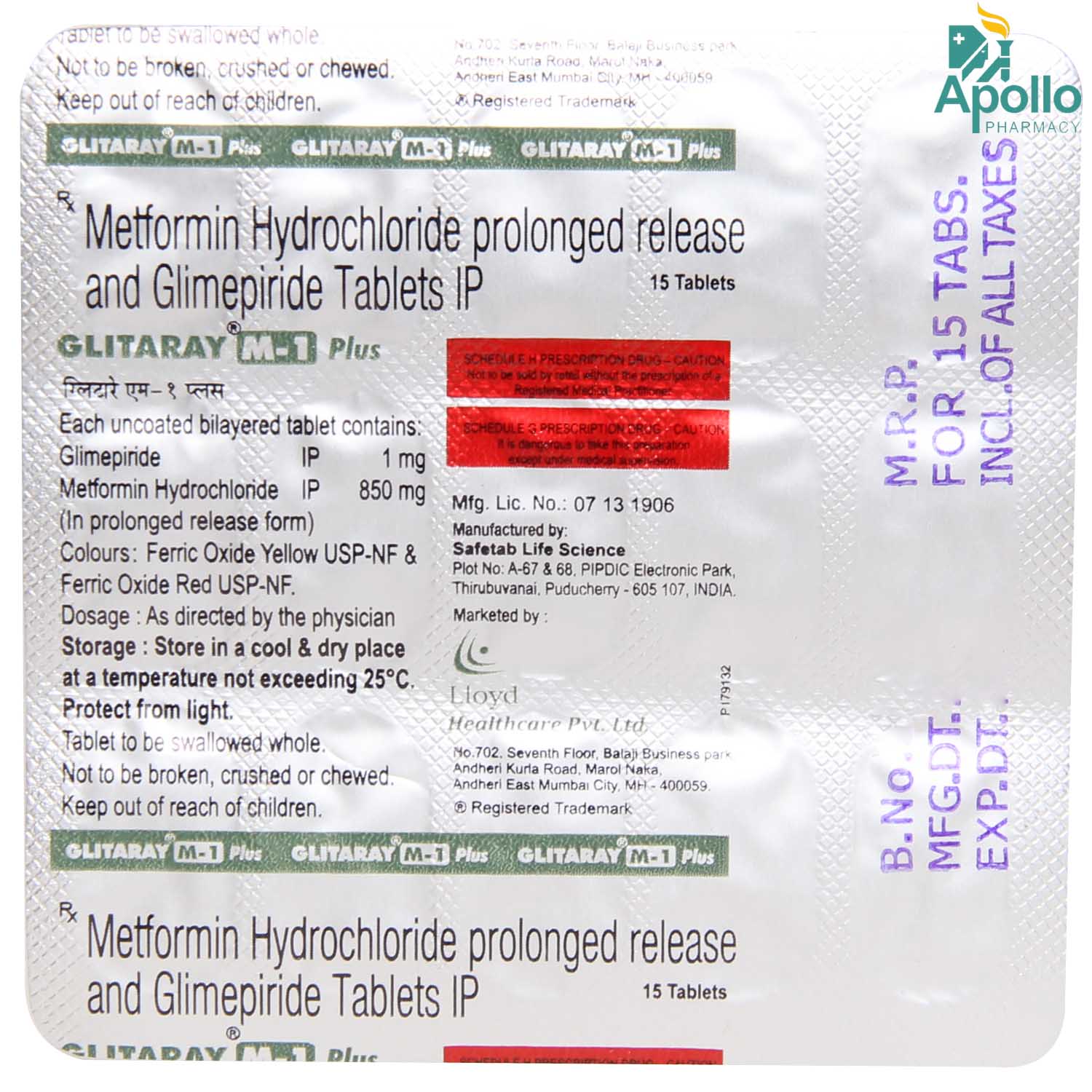 Glitaray M-1mg Plus Tablet 15's Price, Uses, Side Effects, Composition ...