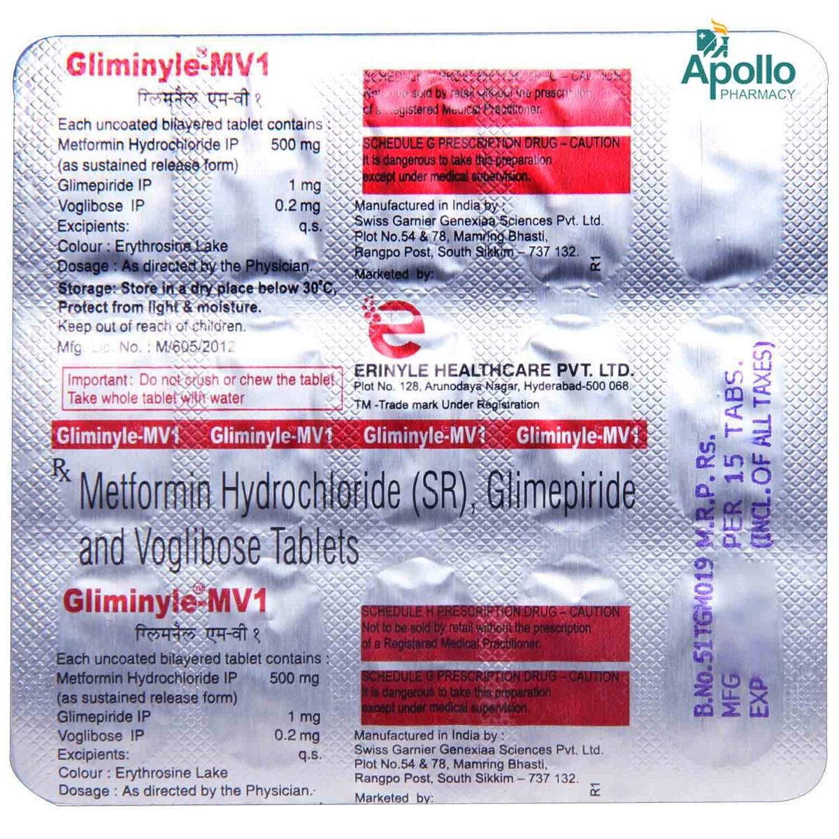 Gliminyle-MV 1 Tablet 15's Price, Uses, Side Effects, Composition ...