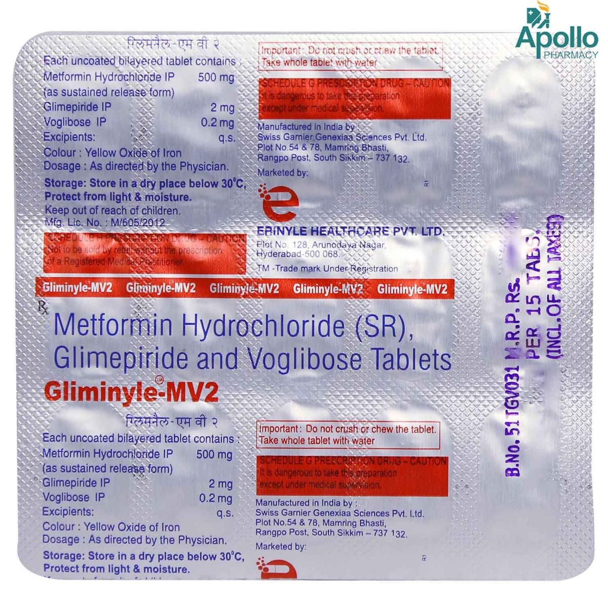 Gliminyle-MV 2 Tablet 15's Price, Uses, Side Effects, Composition ...