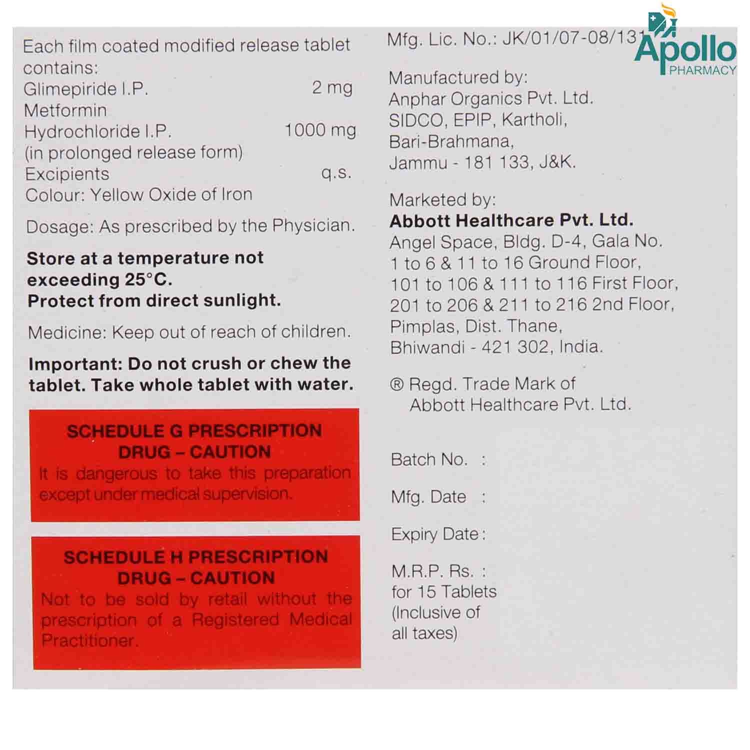 Gluformin G 2/1000mg Forte Tablet 15s Price, Uses, Side Effects, Composition - Apollo Pharmacy