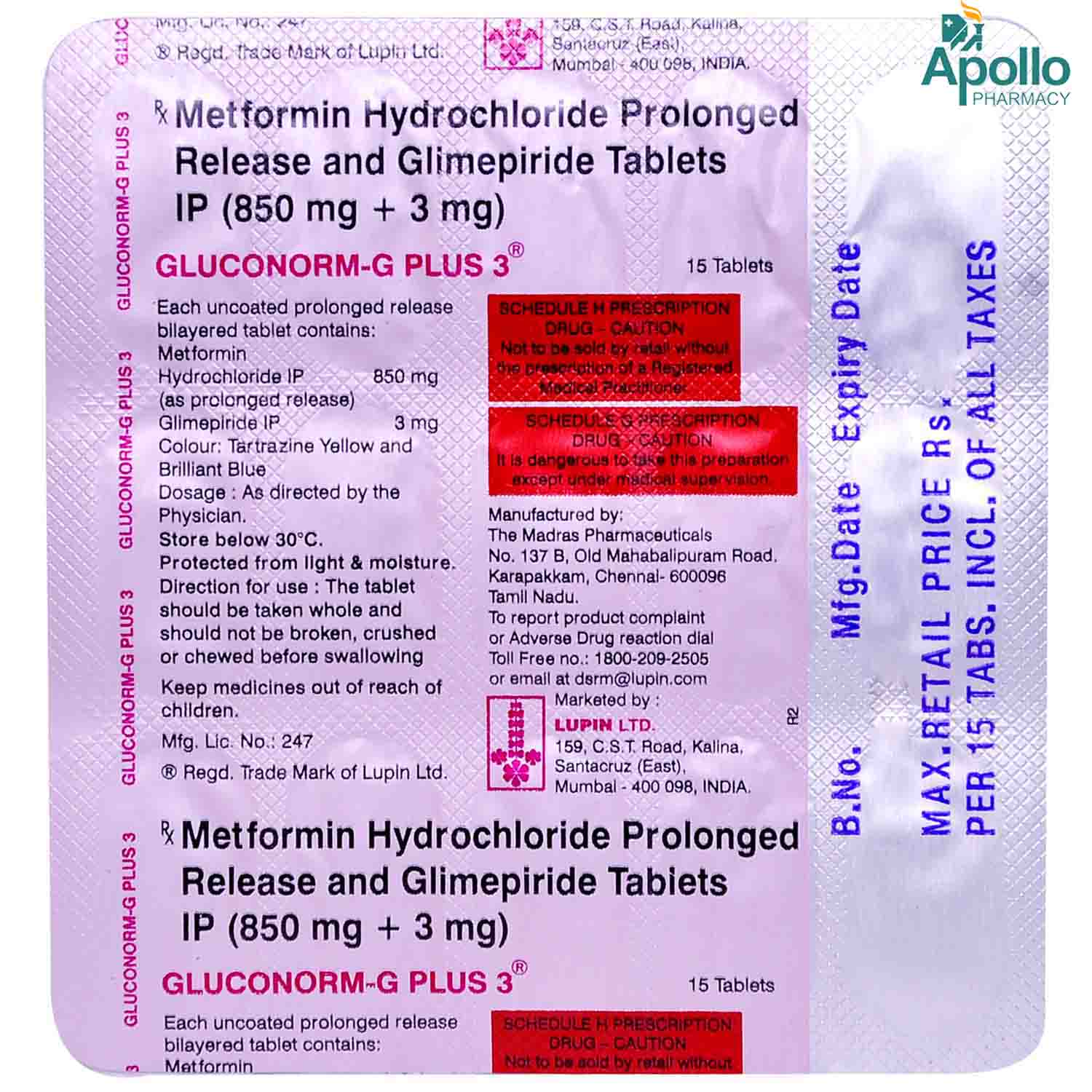 Gluconorm-G Plus 3mg Tablet 15's Price, Uses, Side Effects, Composition ...