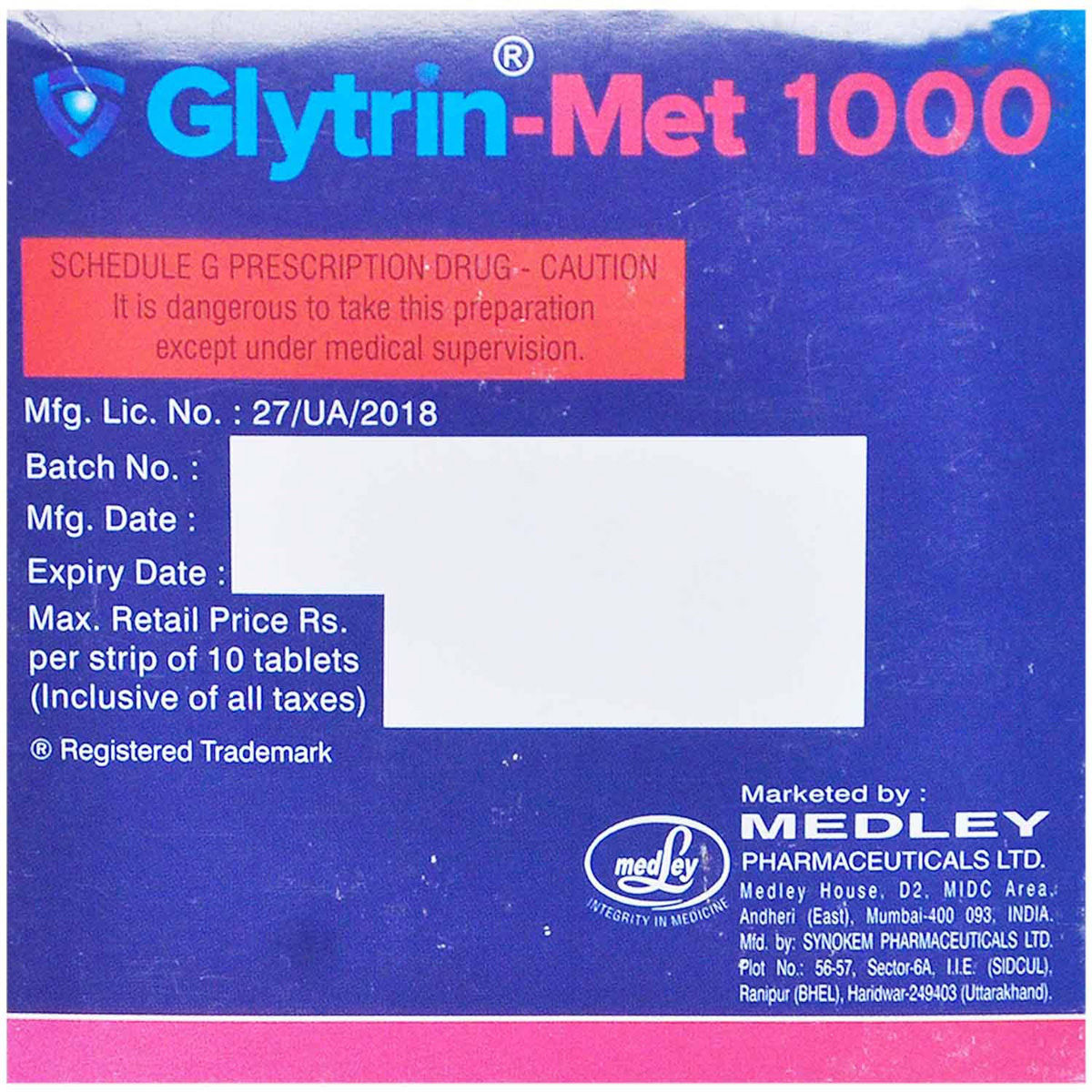 Glytrin-Met 1000 Tablet 10's Price, Uses, Side Effects, Composition ...