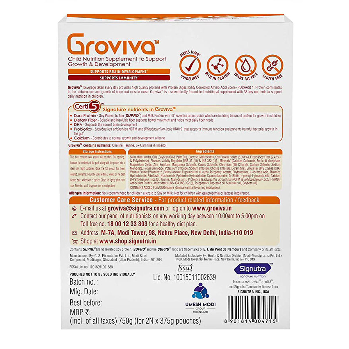 Groviva Child Nutrition Vanilla Flavour Powder, 750 gm ( 2x375 gm ...