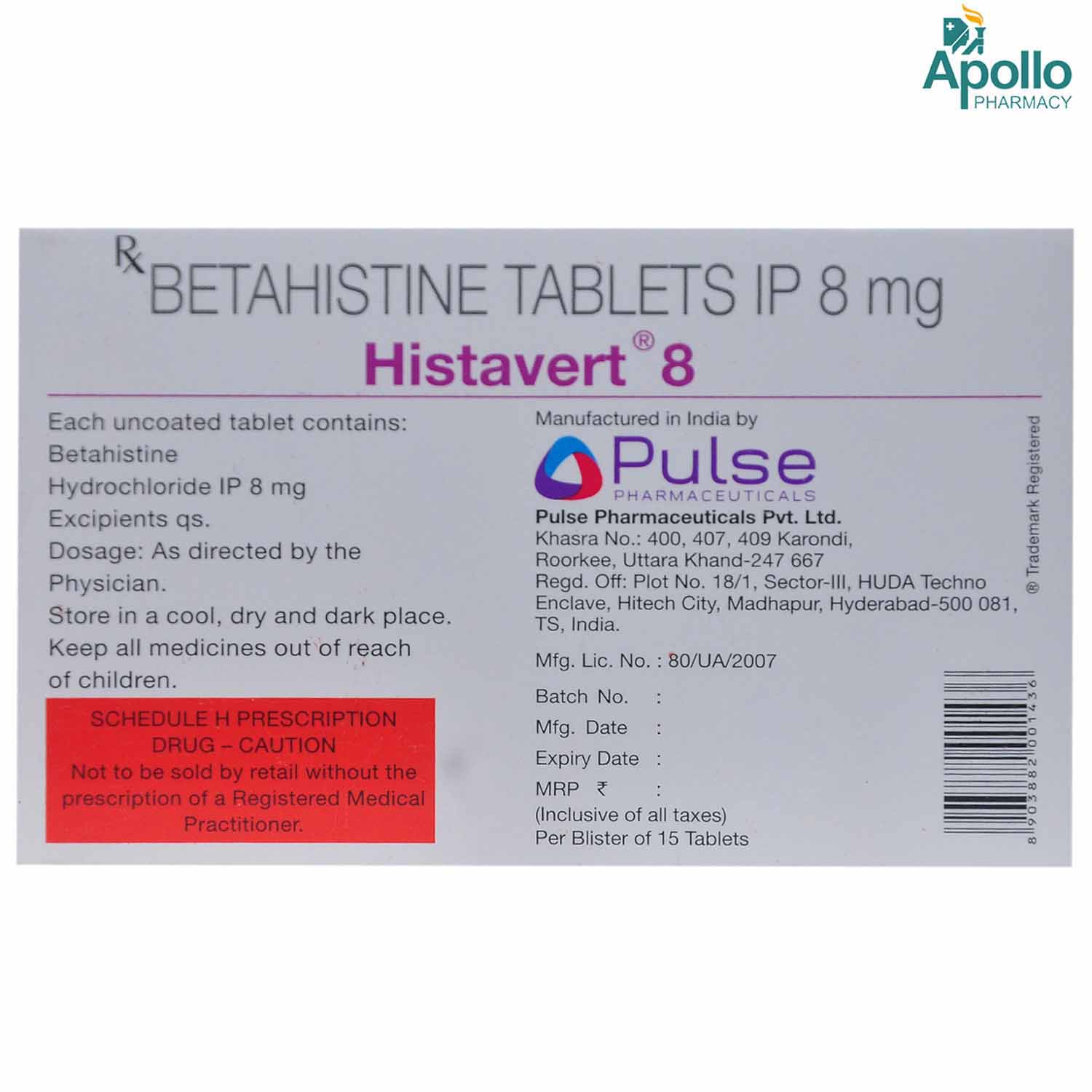 Histavert 8 mg Tablet 15's Price, Uses, Side Effects, Composition ...