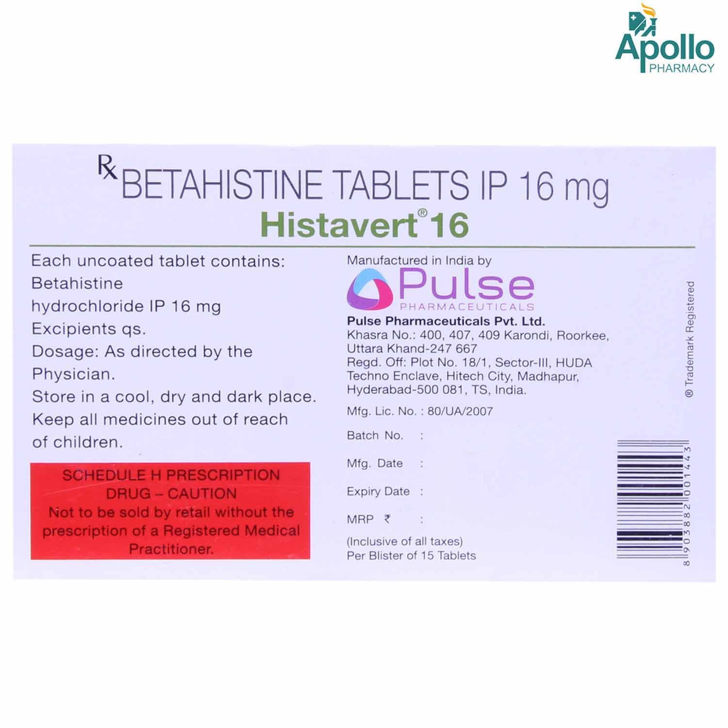 HISTAVERT 16MG TABLET Price, Uses, Side Effects, Composition - Apollo ...