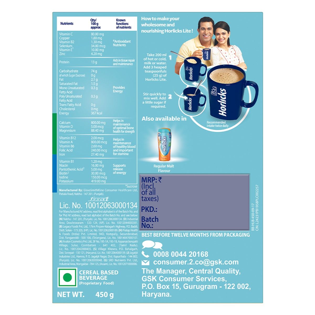 Horlicks Lite Badam Flavoured Health & Nutrition Drink, 450 gm Refill ...