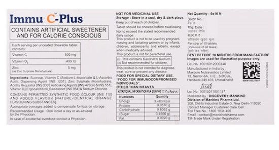 Immu C-Plus Chewable Tablet 10's Price, Uses, Side Effects, Composition ...