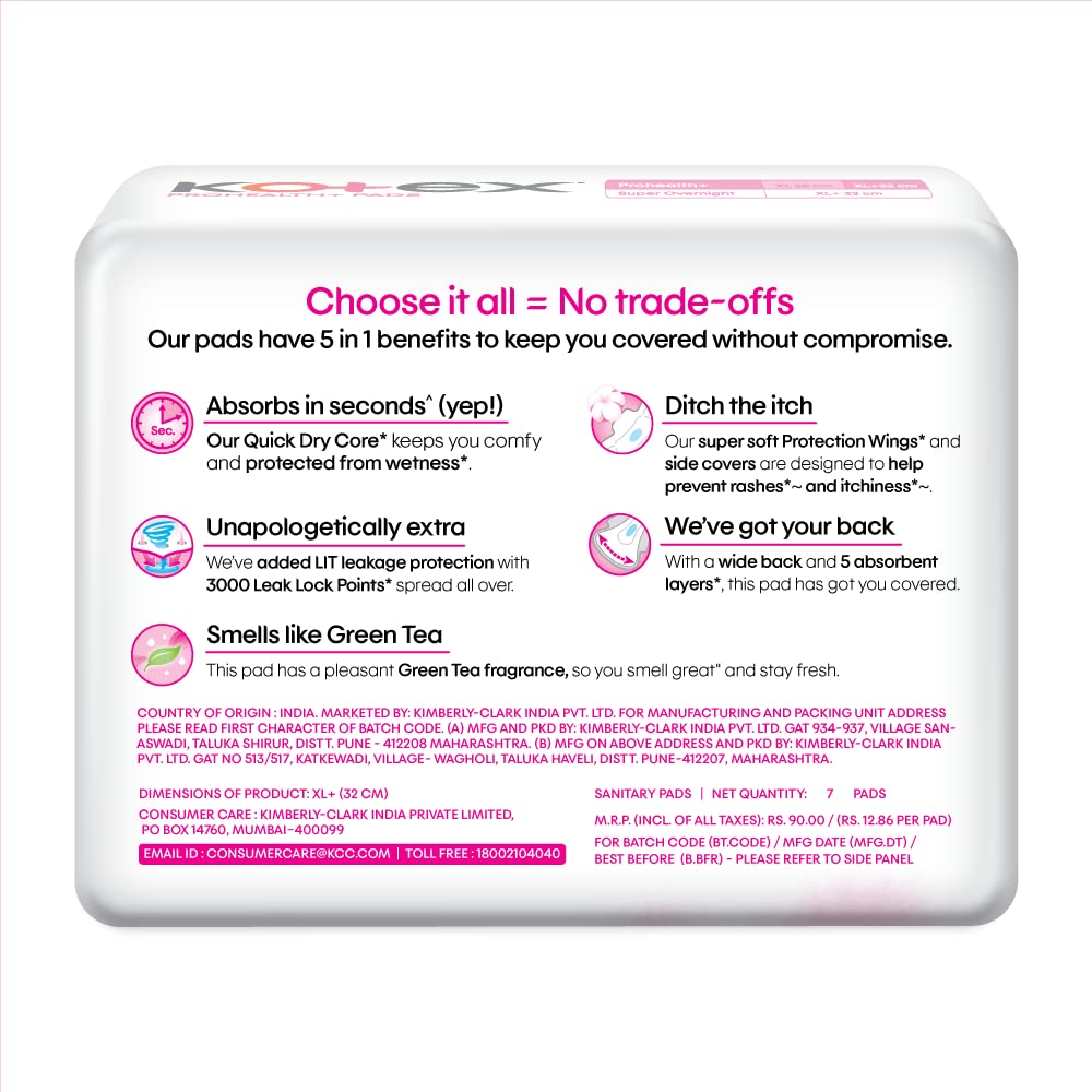 Kotex Prohealth+ Sanitary Pads XL+, 7 Count Price, Uses, Side Effects ...