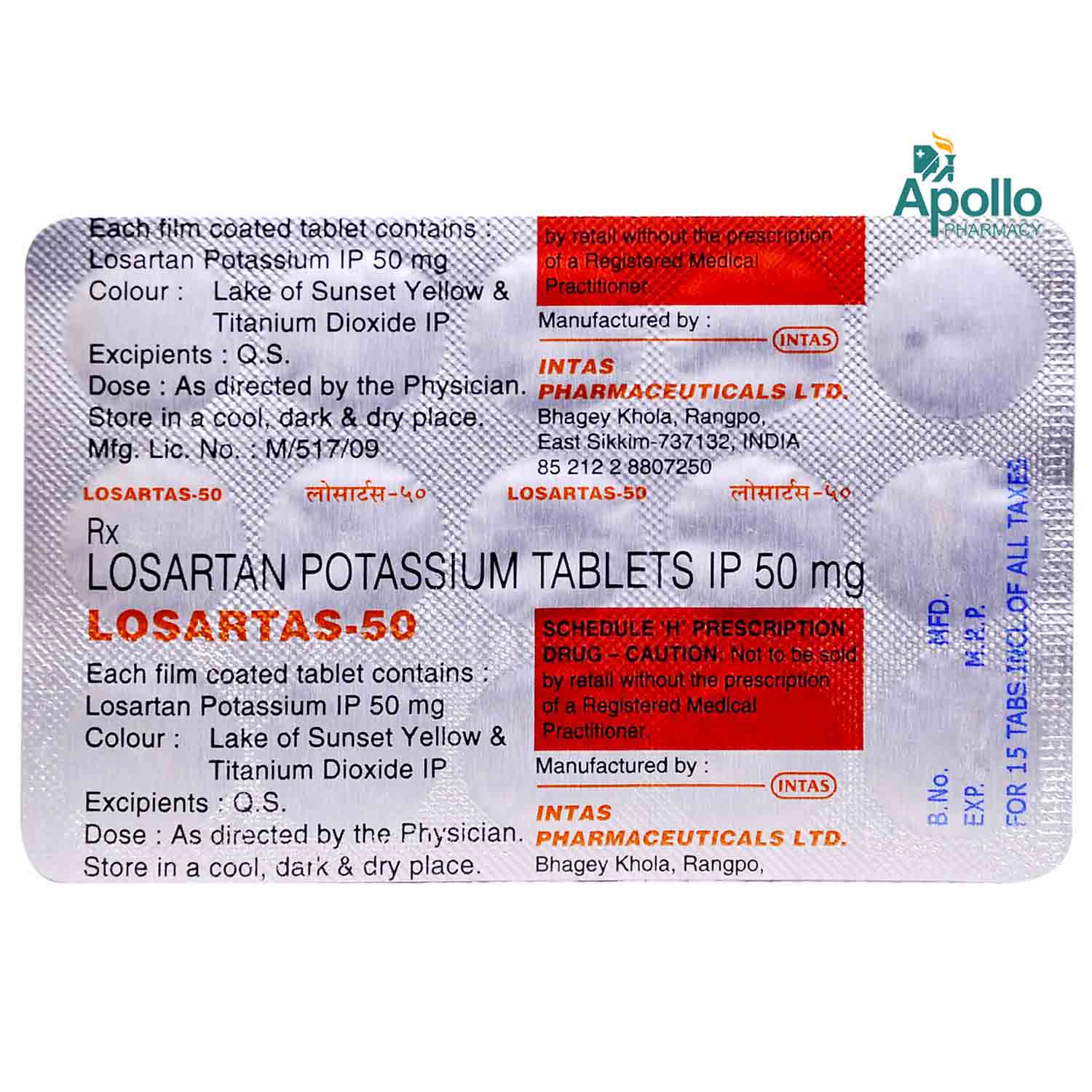 Losartas-50 Tablet 15's Price, Uses, Side Effects, Composition - Apollo ...