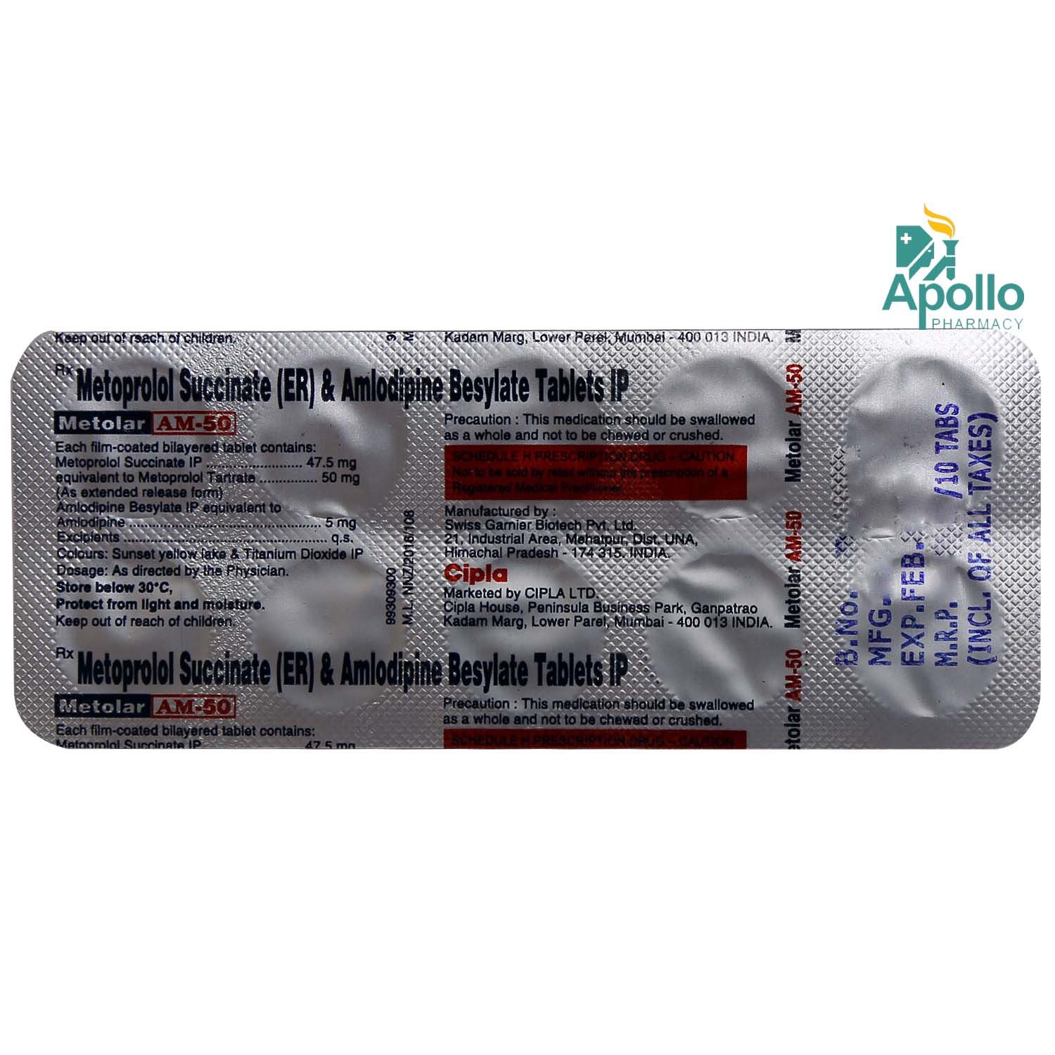 Metolar AM 50 Tablet 10's Price, Uses, Side Effects, Composition ...