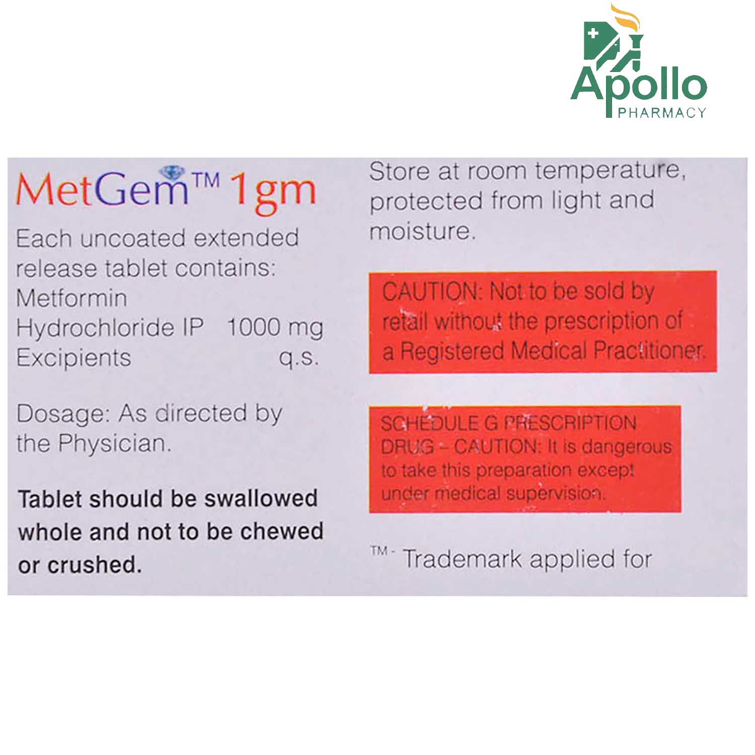Metgem 1 gm Tablet 10's Price, Uses, Side Effects, Composition - Apollo ...