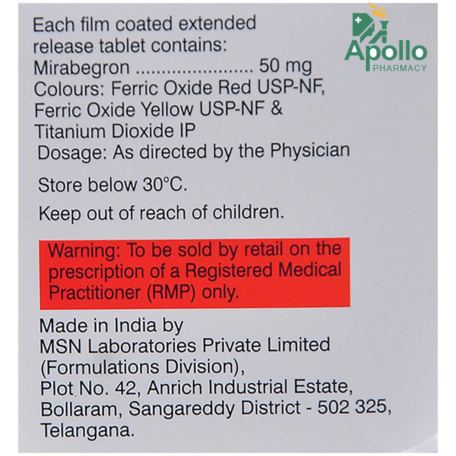 Mirbeg-50 Tablet 10's Price, Uses, Side Effects, Composition - Apollo ...