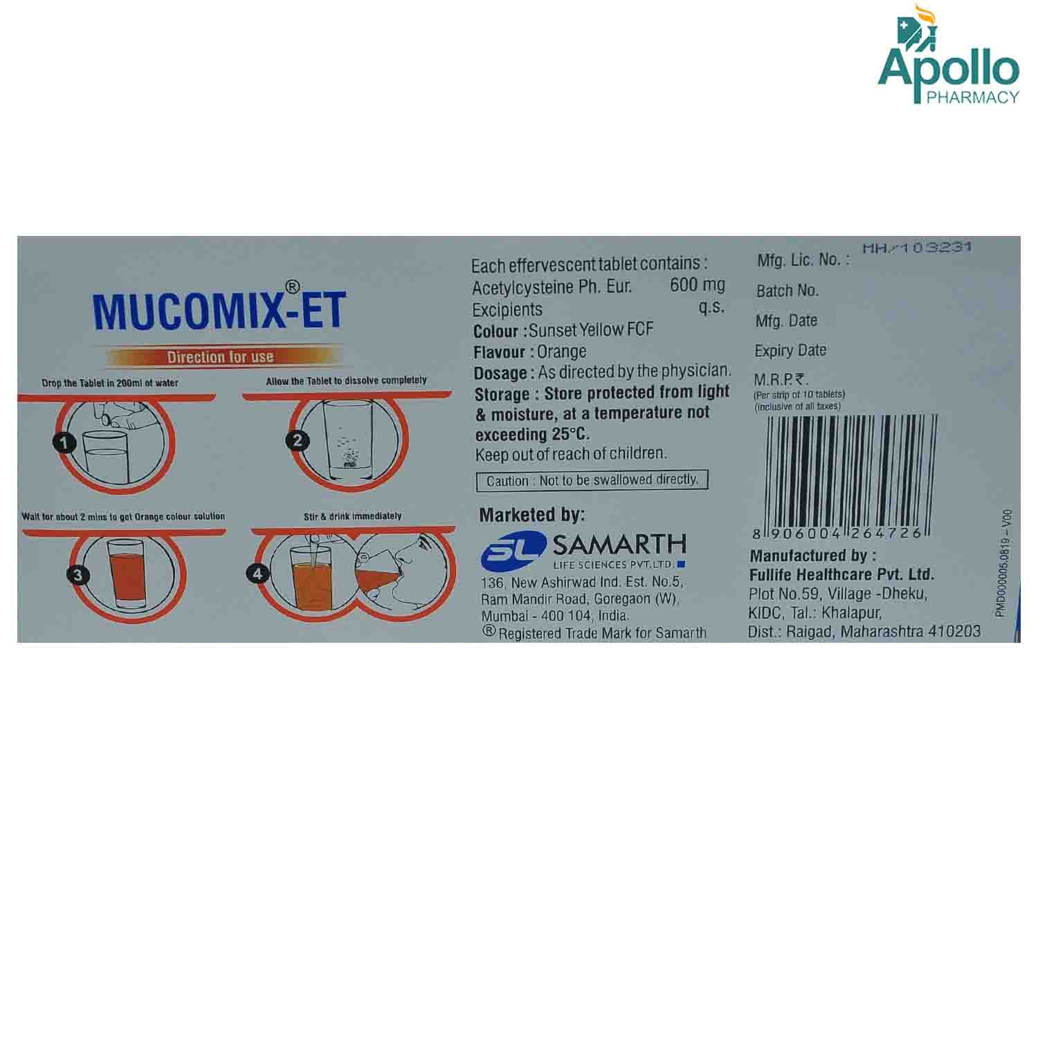 Mucomix ET Effervescent Orange Sugar Free Tablet 10's Price, Uses, Side ...