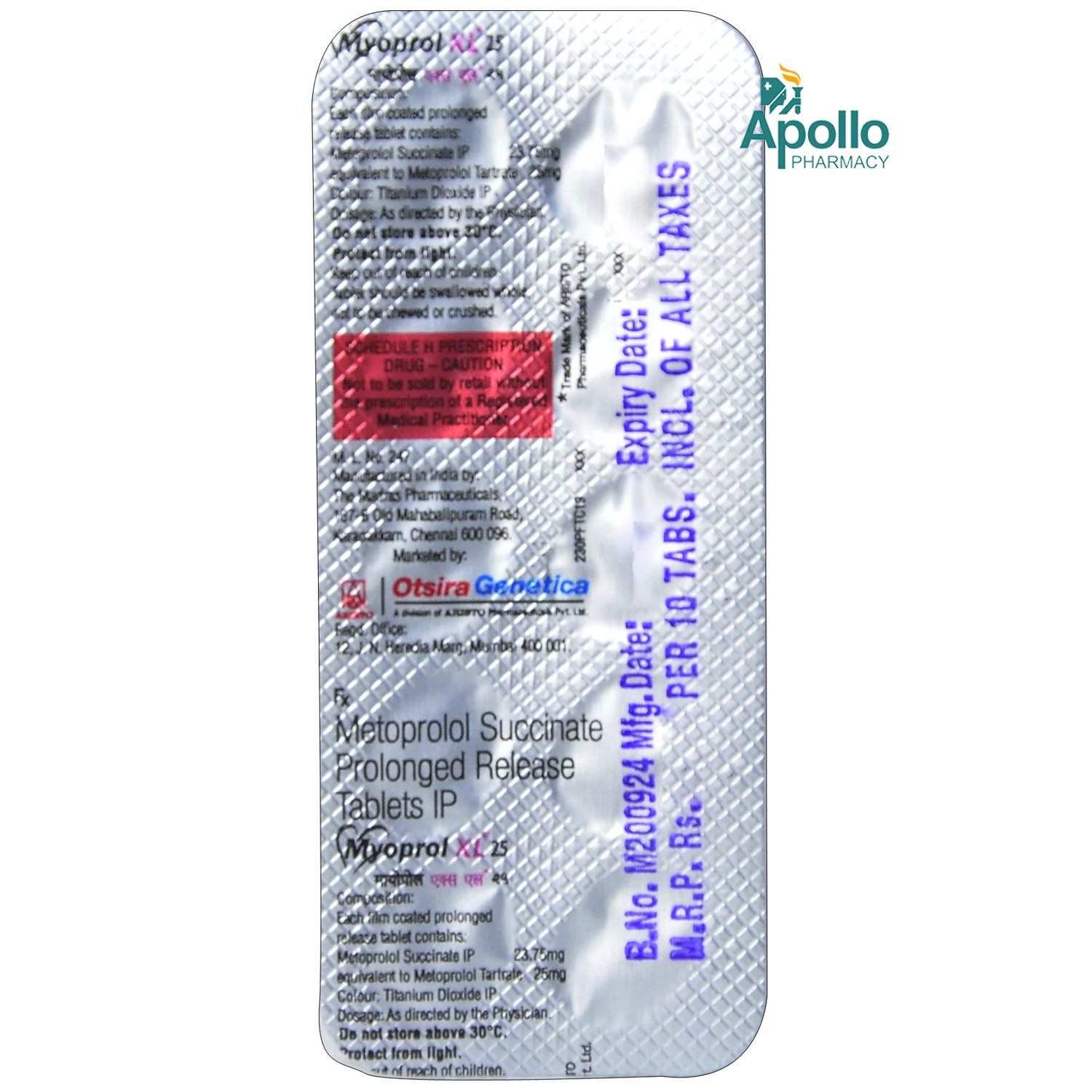 Myoprol XL 25 Tablet 10's Price, Uses, Side Effects, Composition ...