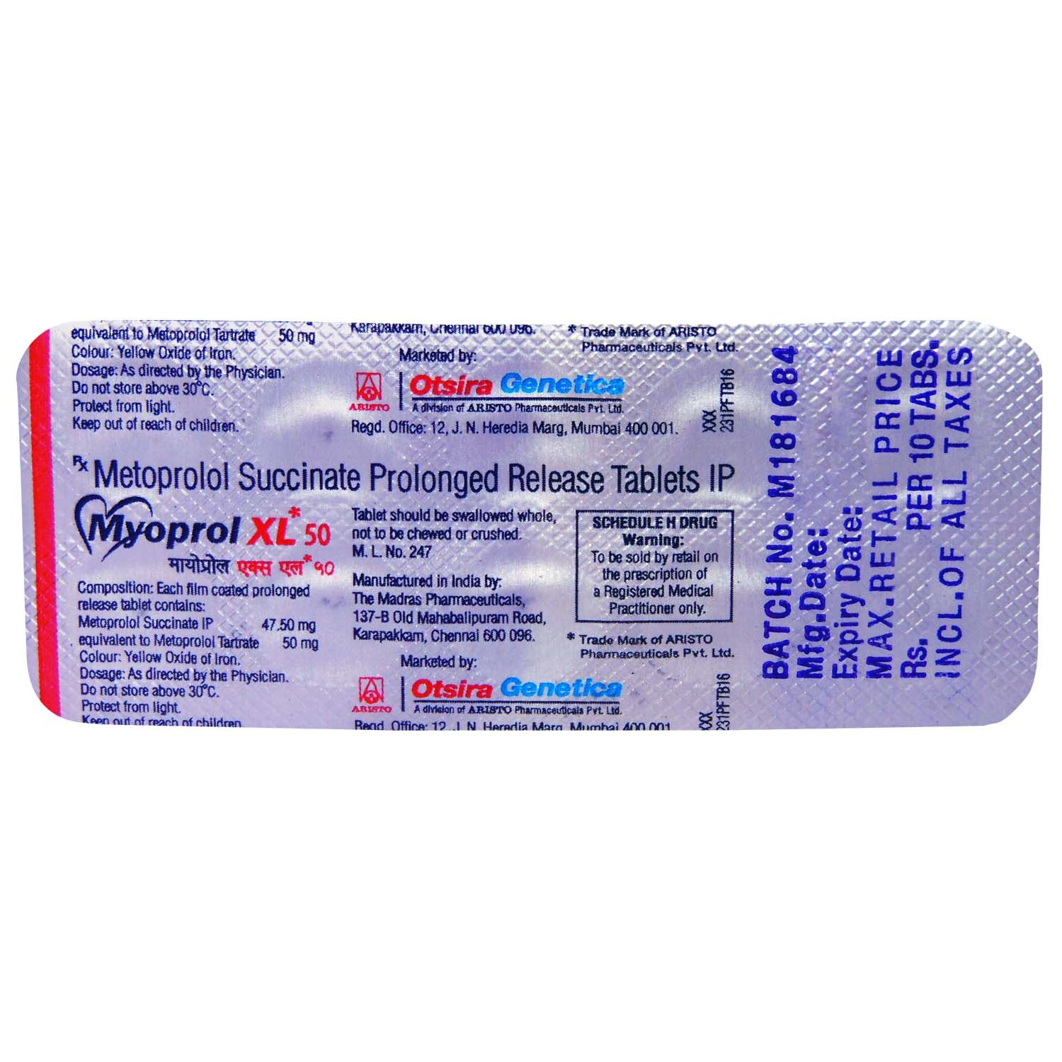 Myoprol XL 50 Tablet 10's Price, Uses, Side Effects, Composition ...