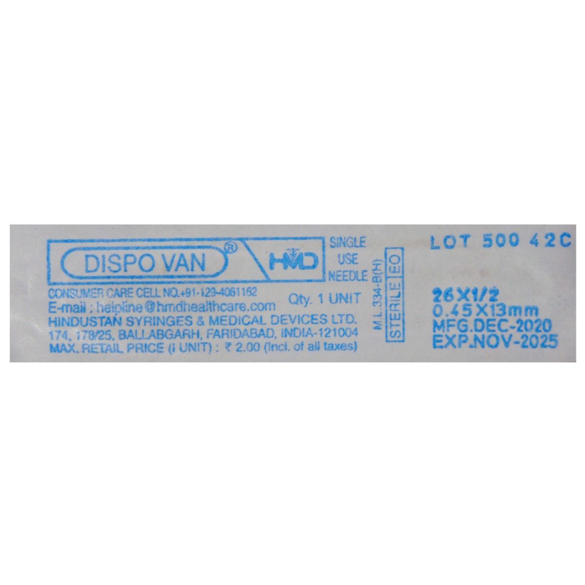 Needles Dispovan 26 x 1/2 (Pack of 100 Needle) Price, Uses, Side ...