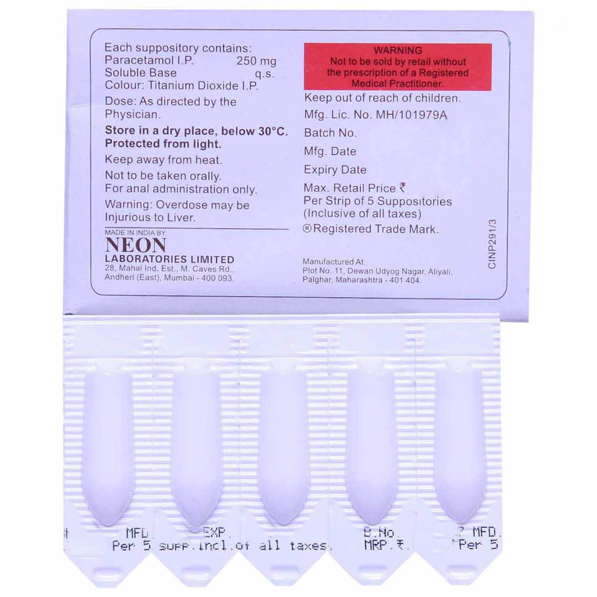 Neomol 250 Anal Suppository 5's Price, Uses, Side Effects, Composition ...