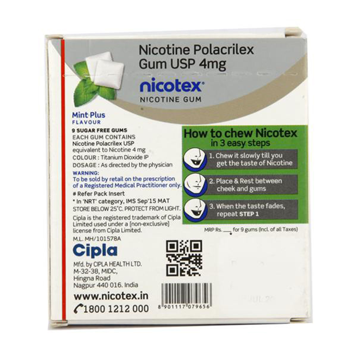 Nicotex 4 mg Sugar Free Mint Plus Flavour Chewing Gum, 9 Count Price ...