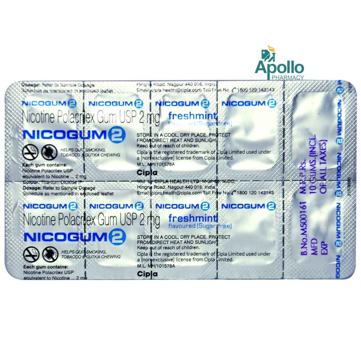 Nicogum 2 mg Freshmint Suga Free Nicotine Gum 10's Price, Uses, Side ...