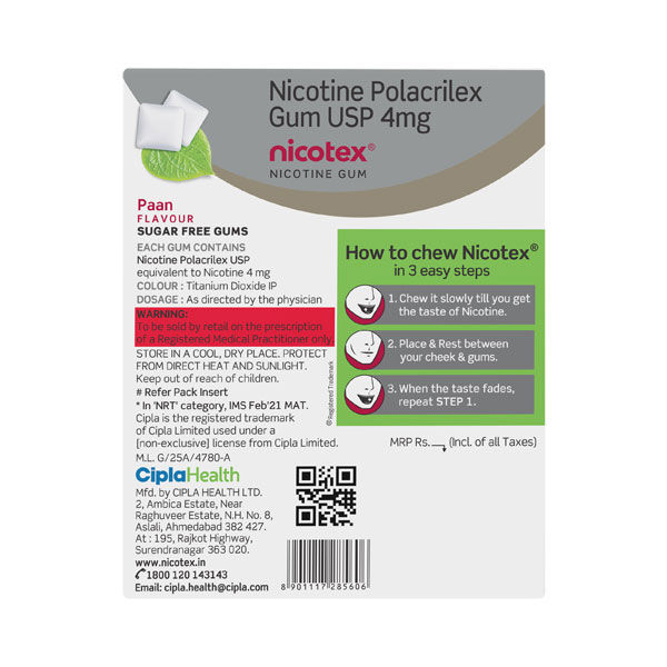 Nicotex 4 mg Sugar Free Paan Flavour Nicotine Gum, 12 Count Price, Uses ...