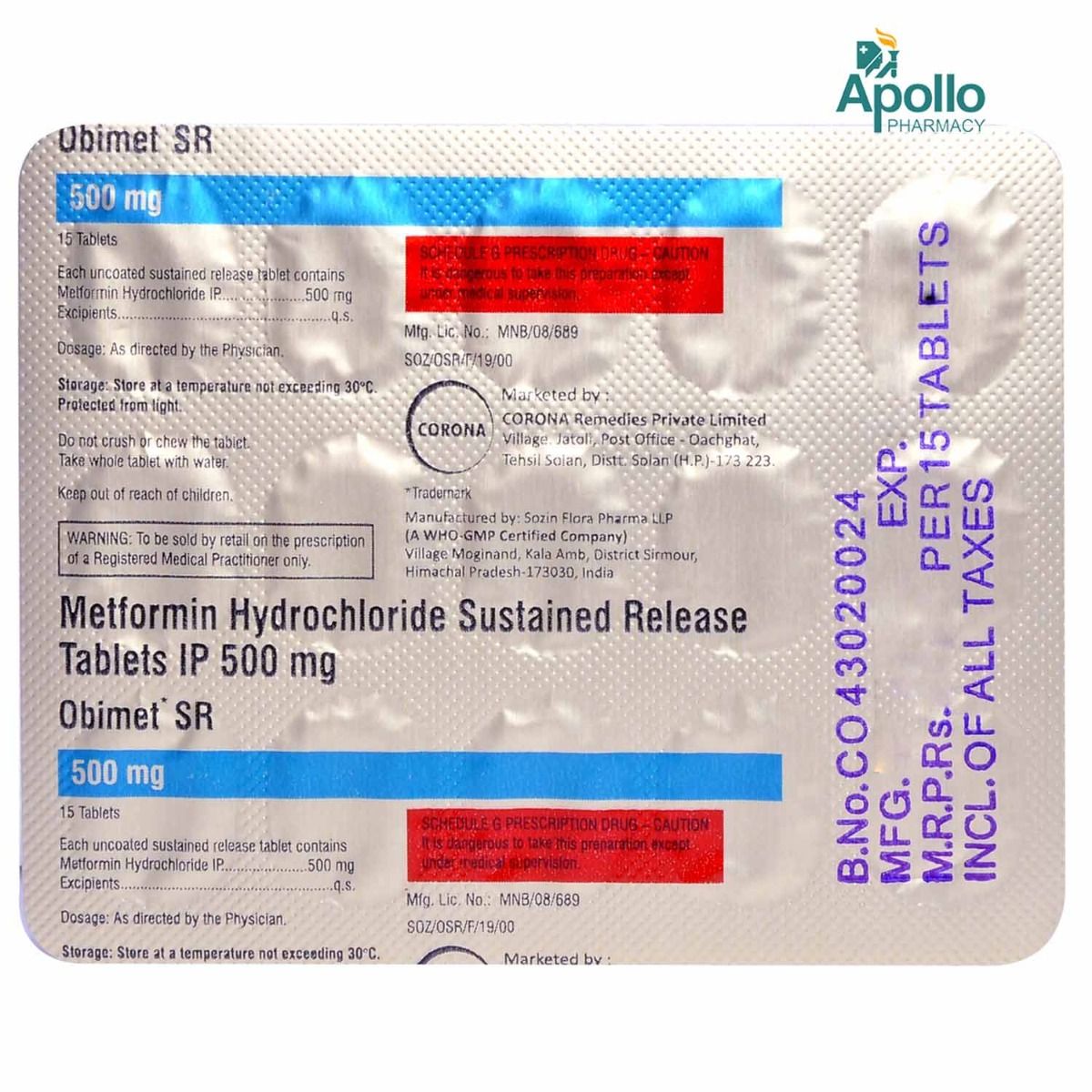 Obimet SR 500 mg Tablet 15's Price, Uses, Side Effects, Composition ...