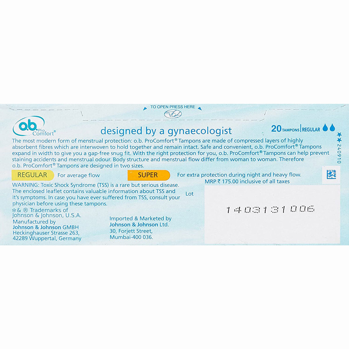 o.b. SilkTouch Pro Comfort Tampons Regular, 20 Count Price, Uses, Side ...