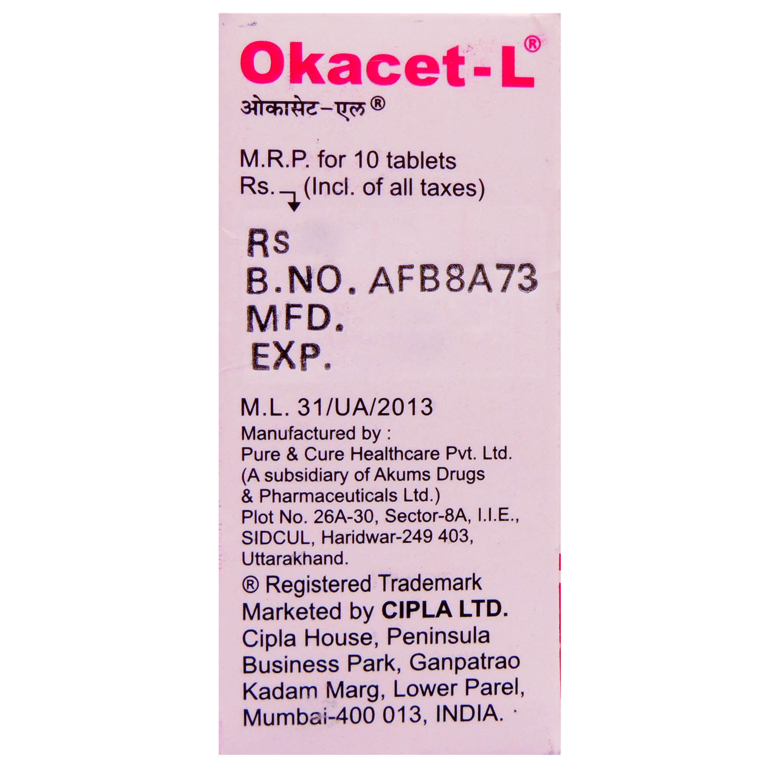 Okacet L Tablet 10's Price, Uses, Side Effects, Composition - Apollo ...