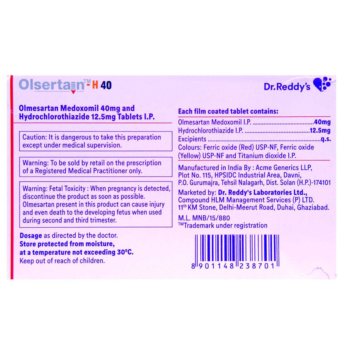 Olsertain-H 40 Tablet 15's Price, Uses, Side Effects, Composition ...