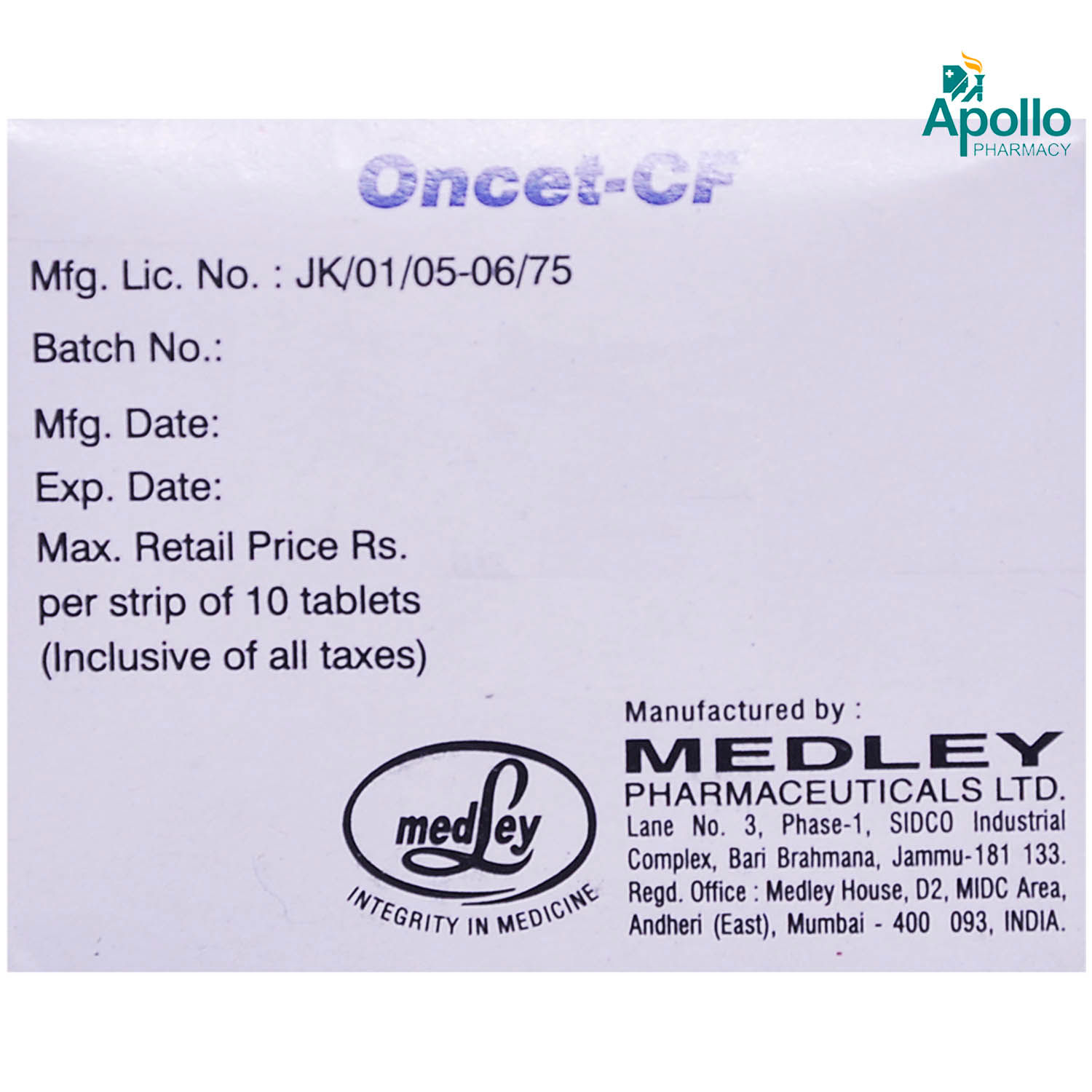 Oncet-CF Tablet 10's Price, Uses, Side Effects, Composition - Apollo ...