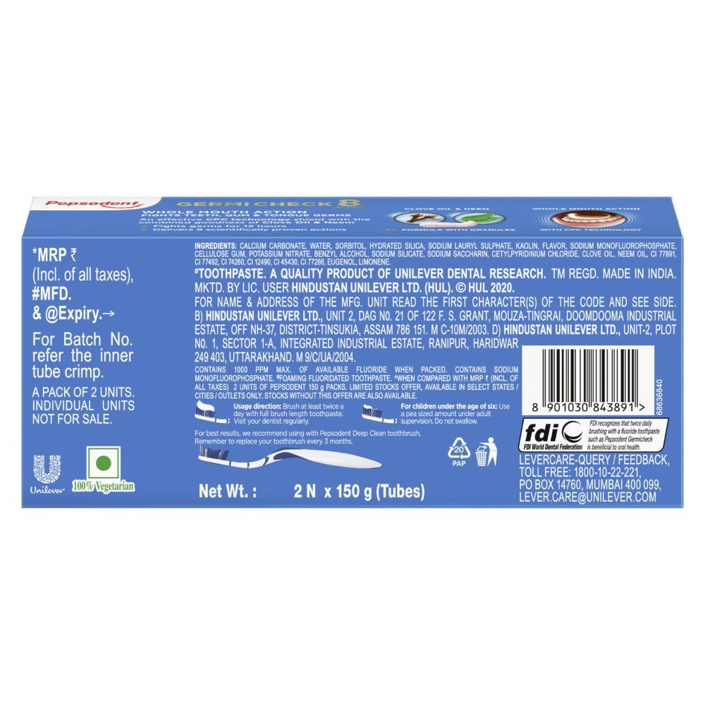 Pepsodent Germi Check + Cavity Protection Toothpaste, 300 gm (2 x 150 ...