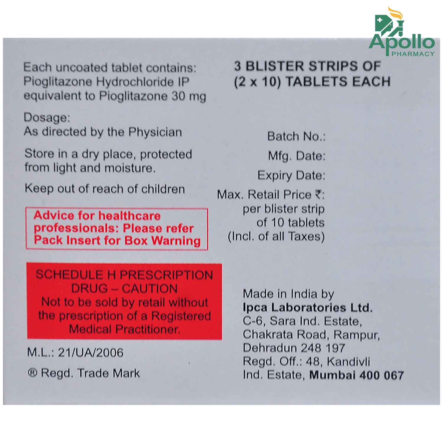 Piomed-30 Tablet 10's Price, Uses, Side Effects, Composition - Apollo ...