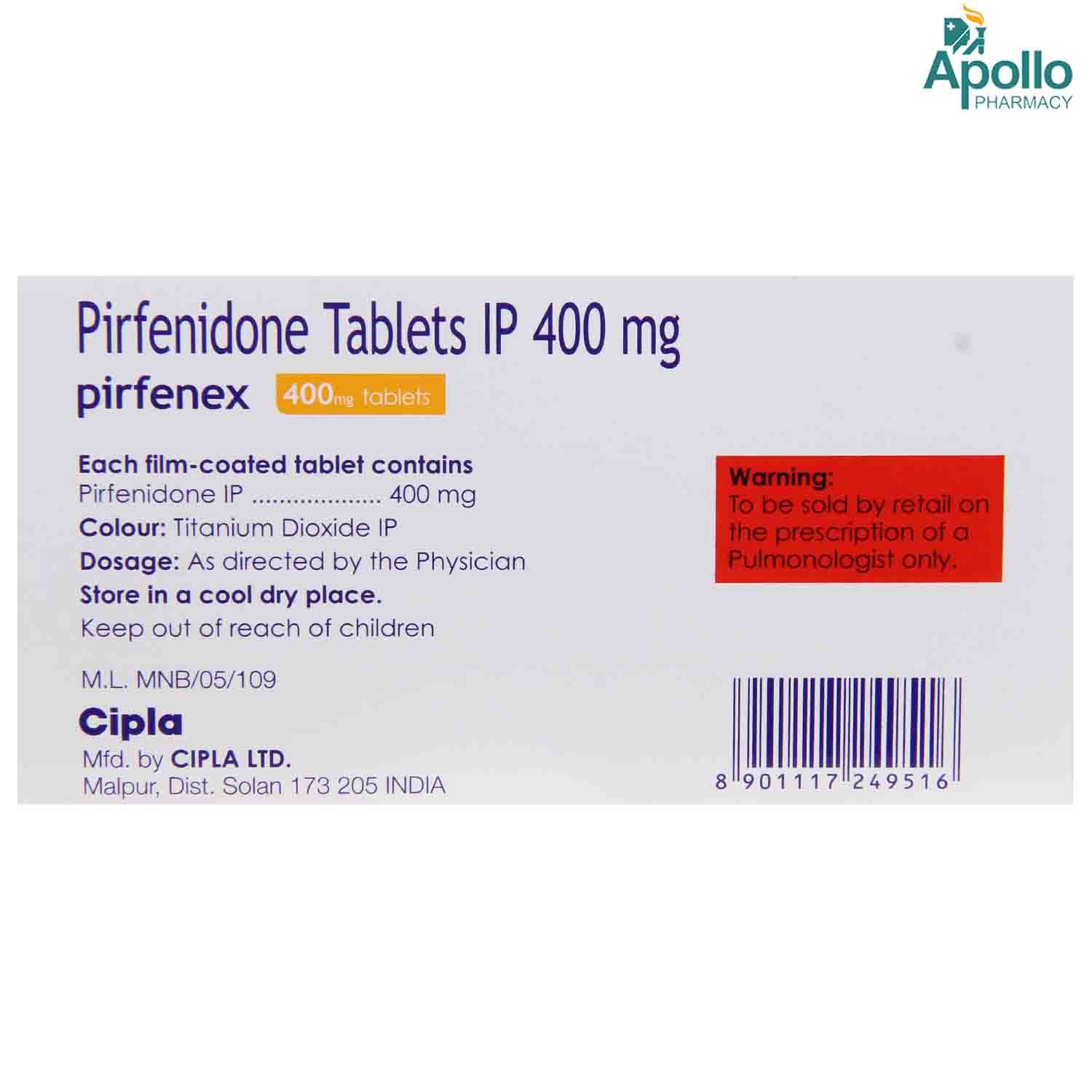 Pirfenex 400 mg Tablet 15's Price, Uses, Side Effects, Composition ...