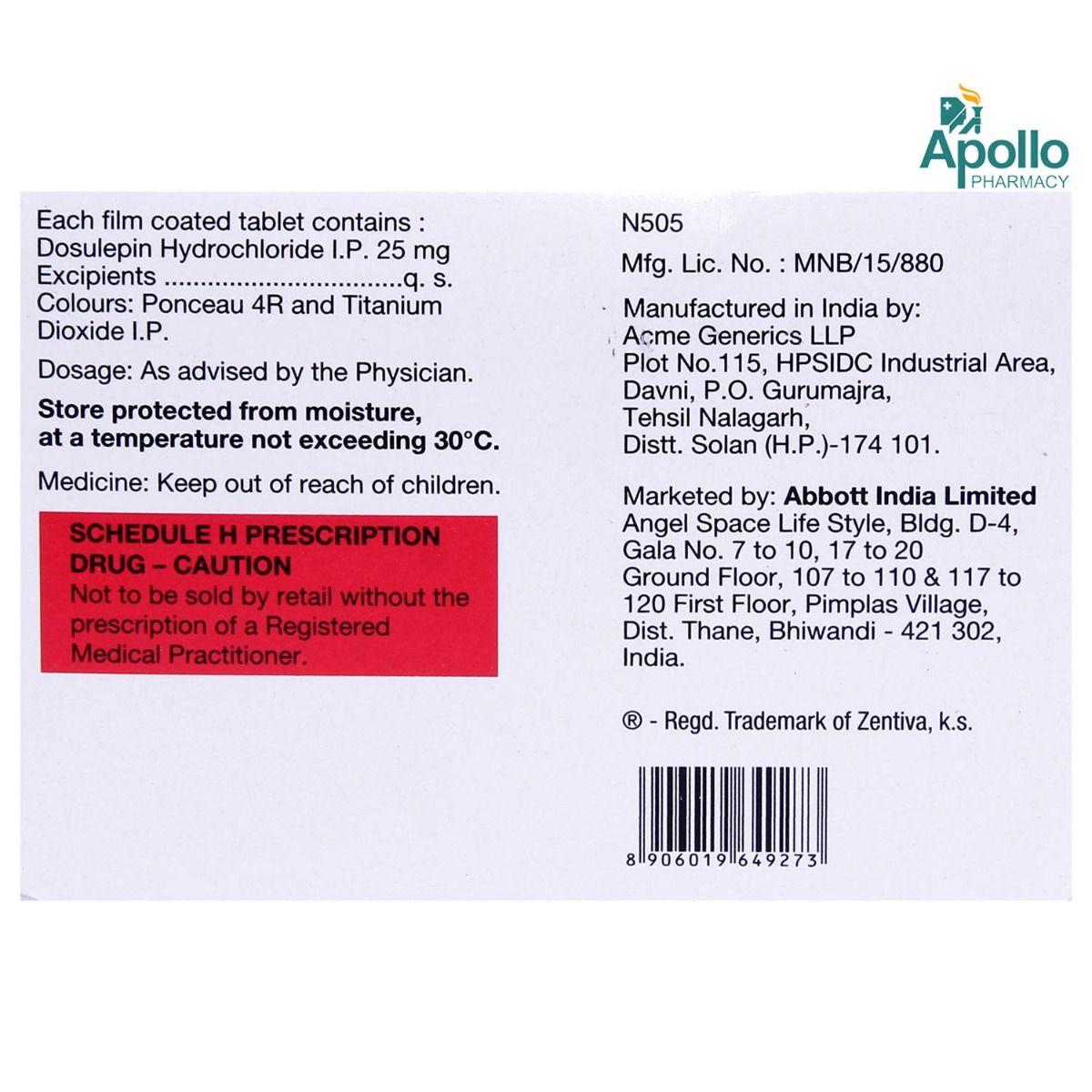 Prothiaden 25 mg Tablet 15's Price, Uses, Side Effects, Composition ...