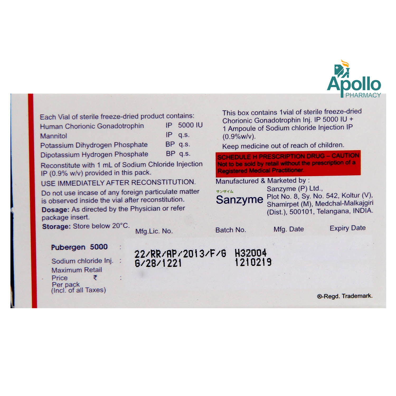 Pubergen 5000IU Injection 1 ml Price, Uses, Side Effects, Composition ...