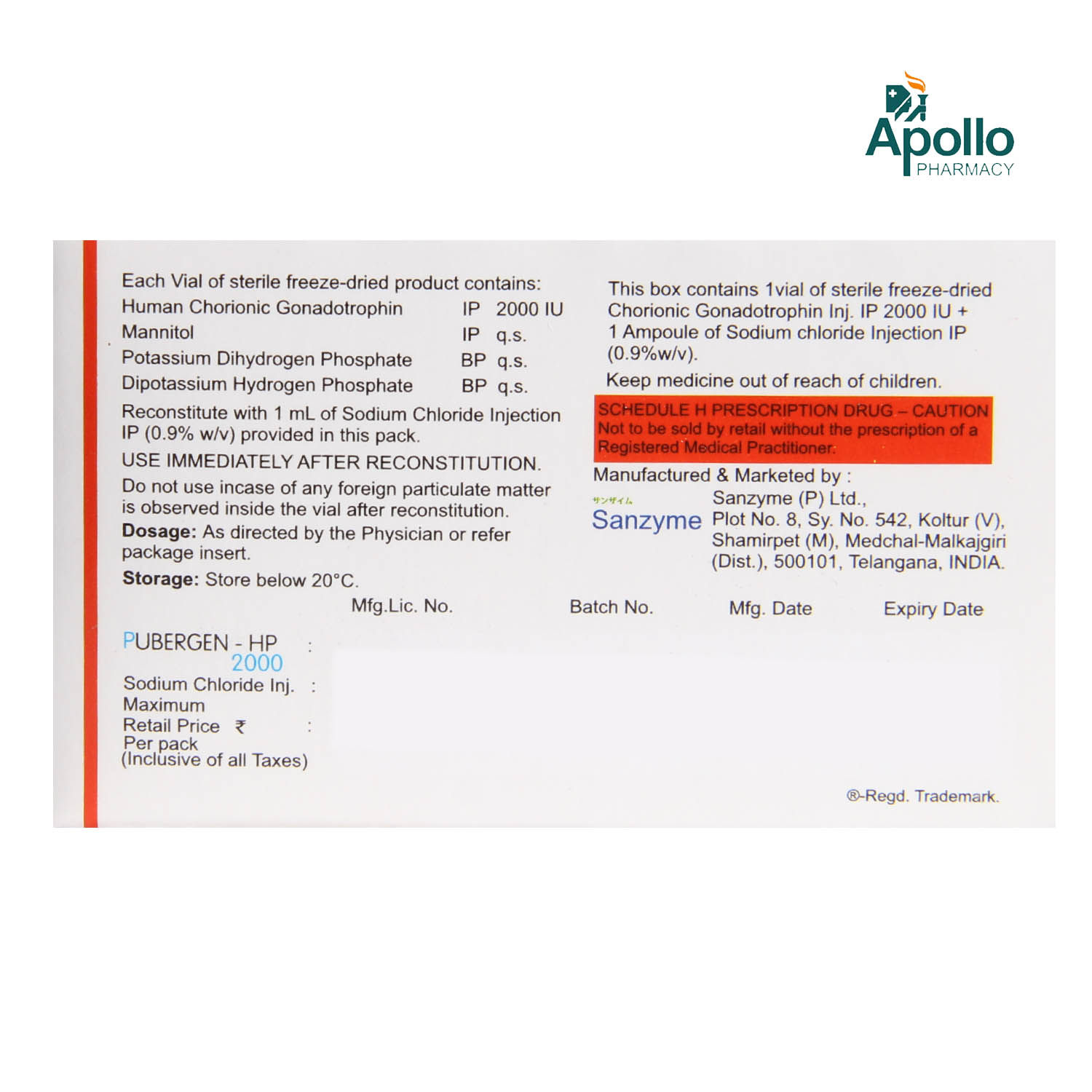 PUBERGIN 2000I.U INJECTION Price, Uses, Side Effects, Composition ...