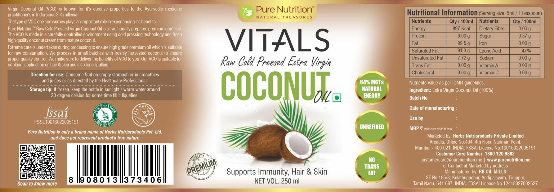 Pure Nutrition Vitals Raw Cold Pressed Extra Virgin Coconut Oil, 250 ml ...