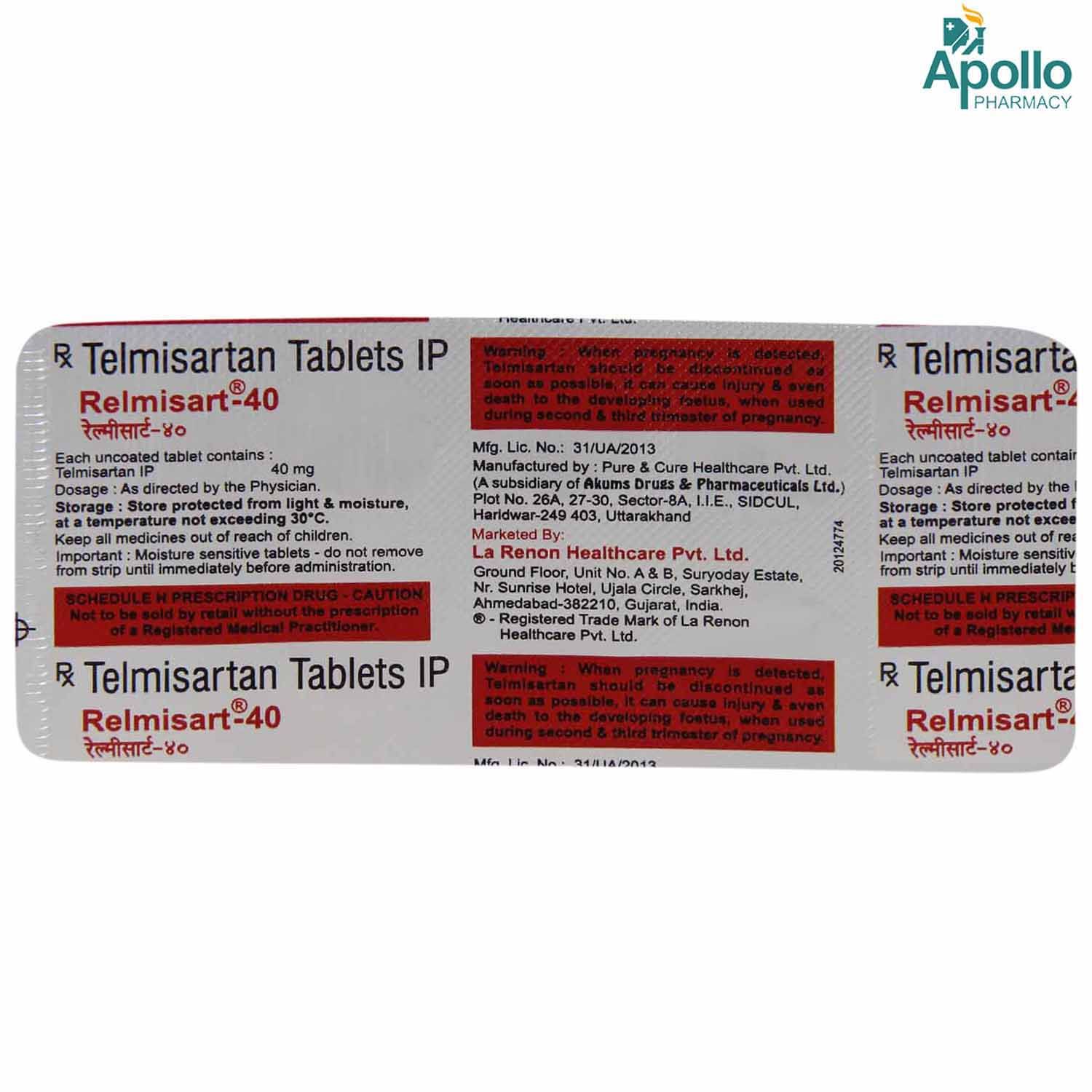 Relmisart-40 Tablet 10's Price, Uses, Side Effects, Composition ...