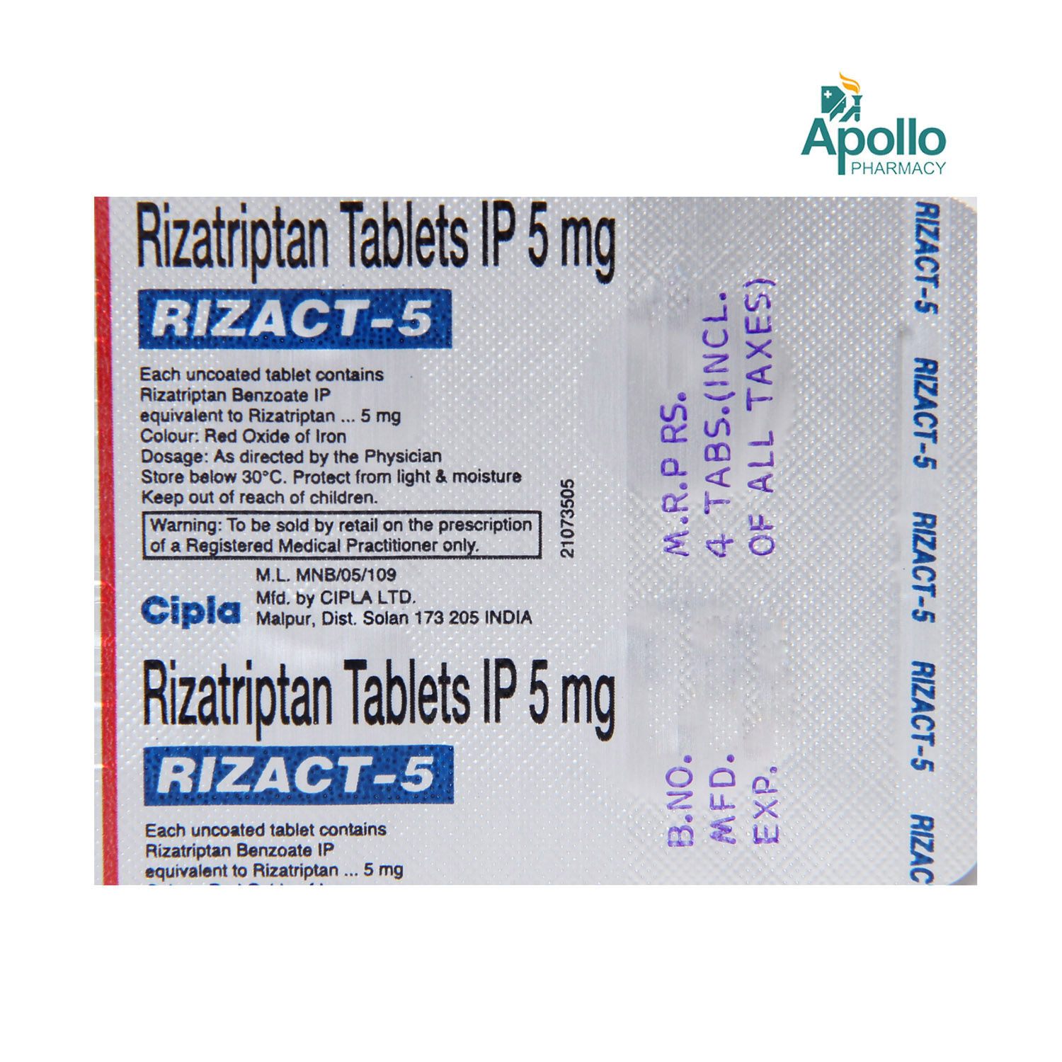 Rizact 5 Tablet 4's Price, Uses, Side Effects, Composition - Apollo ...