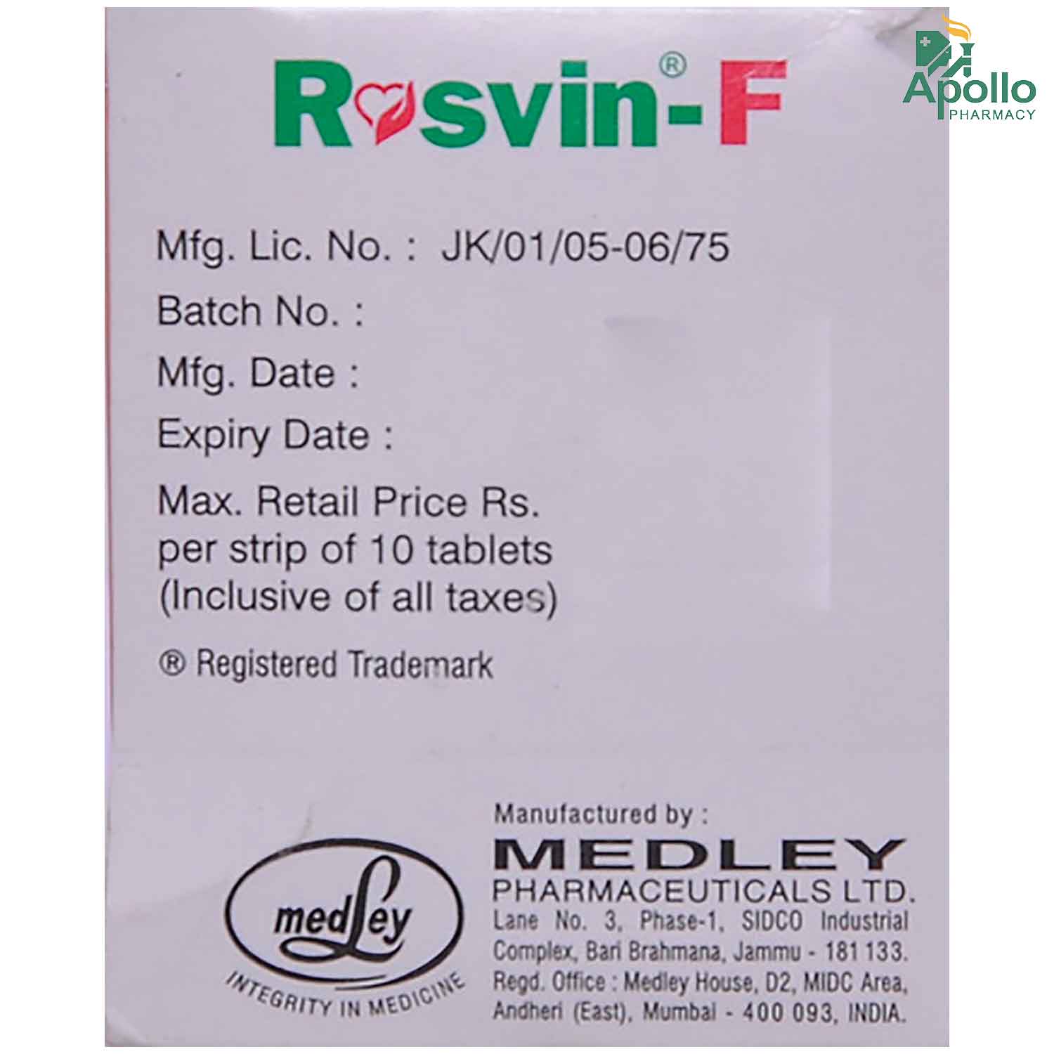 Rosvin F Tablet 10's Price, Uses, Side Effects, Composition - Apollo ...