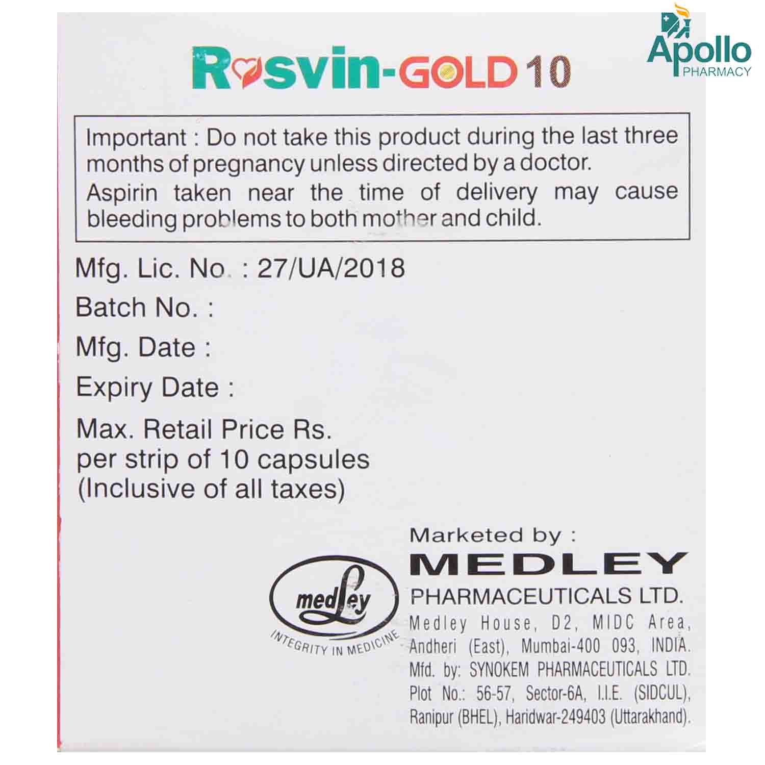 Rosvin Gold 10 Capsule 10's Price, Uses, Side Effects, Composition ...