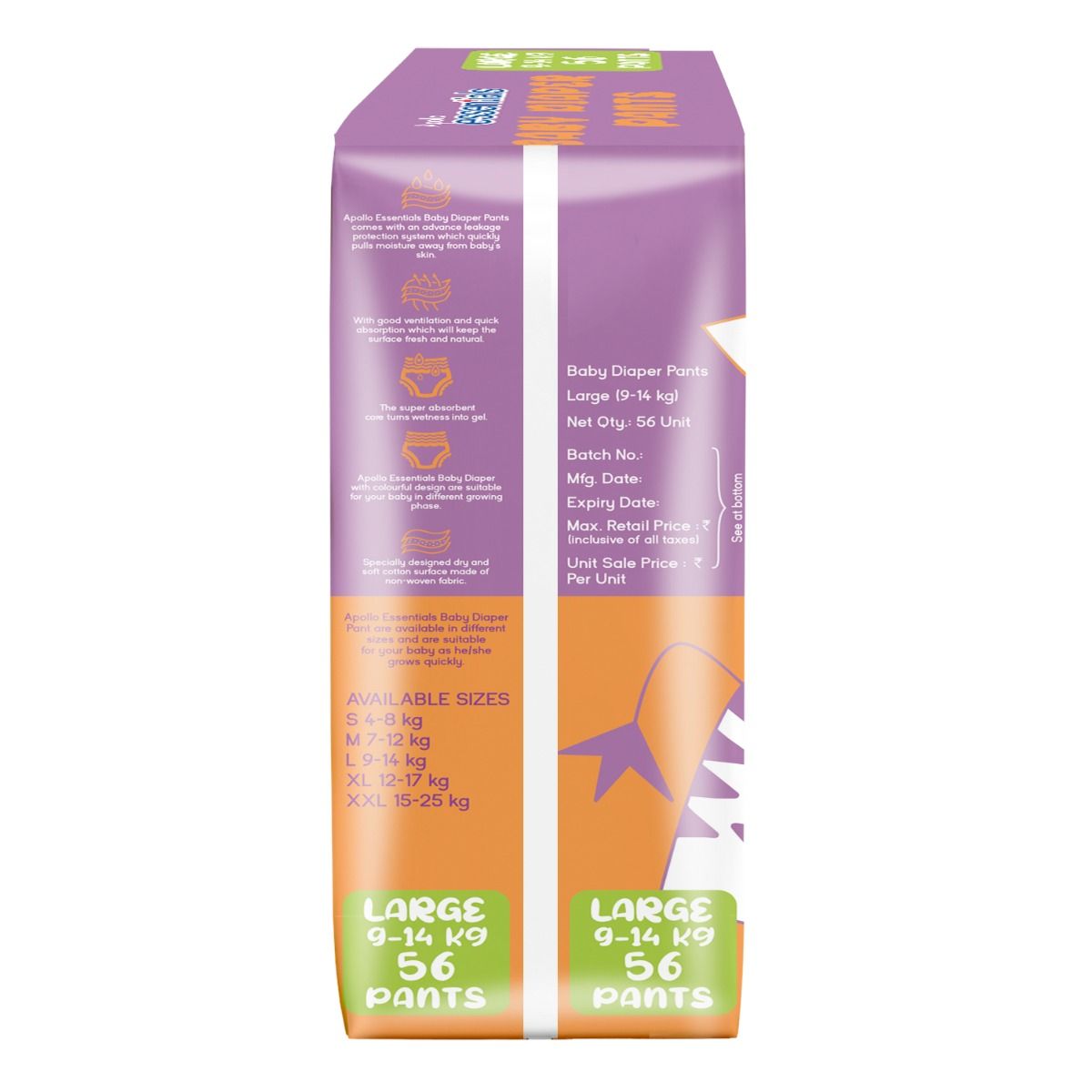 Apollo Essentials Extra Absorb Baby Diaper Pants Large, 56 Count Price ...