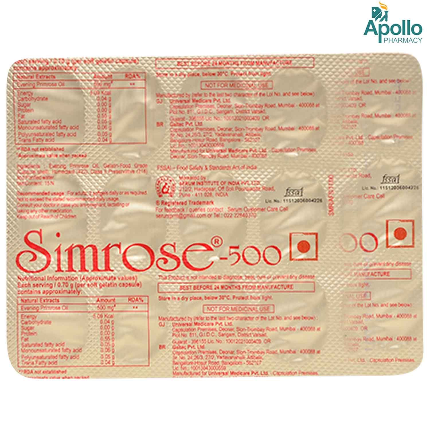 Simrose-500 Capsule 15's Price, Uses, Side Effects, Composition ...