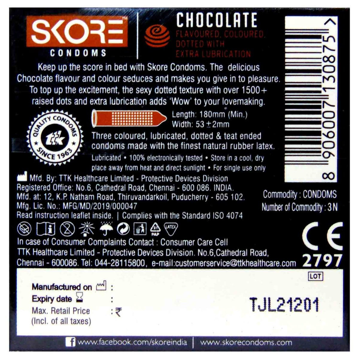 Skore Chocolate Flavour Condoms, 3 Count Price, Uses, Side Effects ...